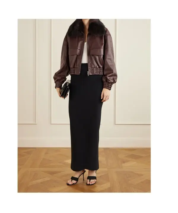 Nour Hammour Long Sleeve Leather Bomber Jacket