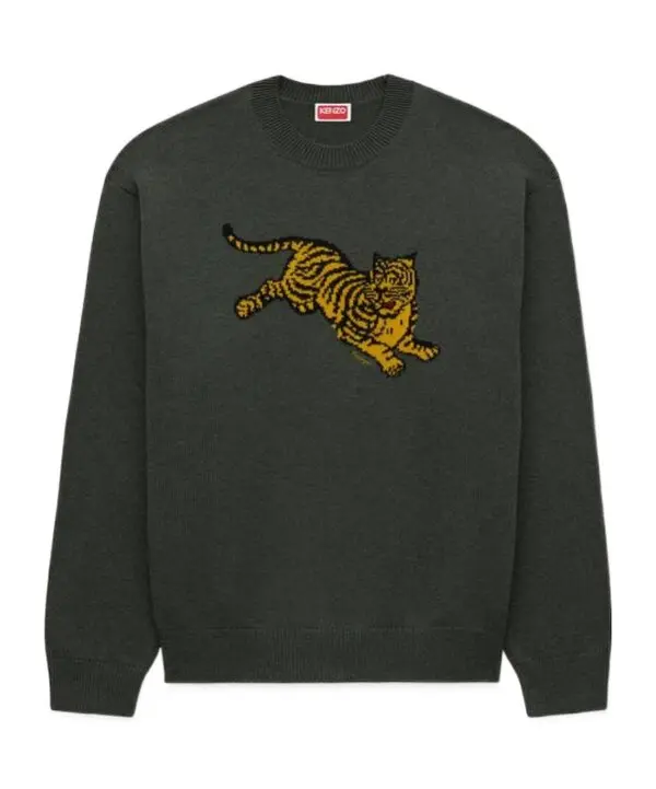 Kenzo Jumping Tiger' Embroidered Jumper In Wool Cotton - Deep Khaki