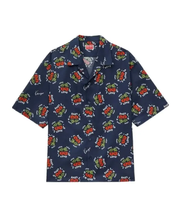 Kenzo Loves' Hawaiian Short Sleeve Shirt In Cotton Poplin - Blue-black