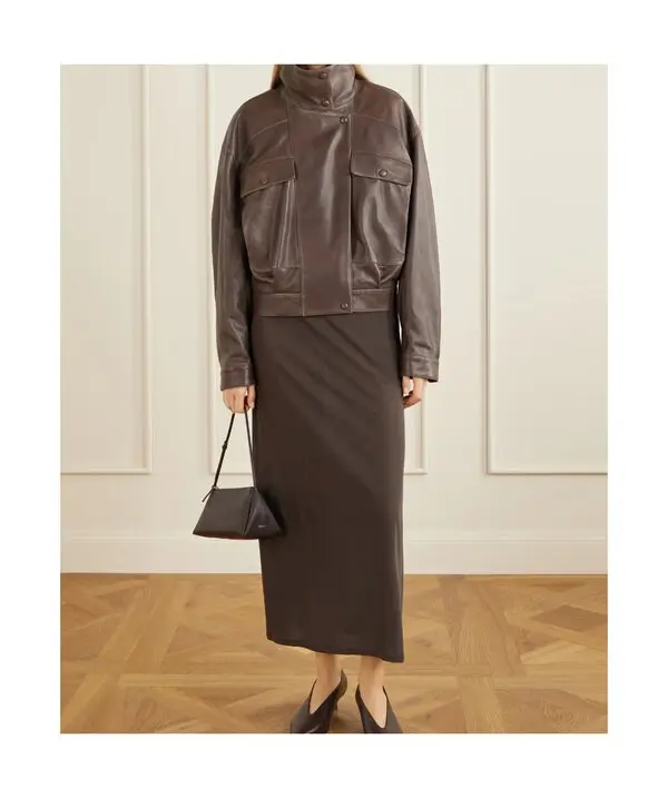 Nour Hammour Long-sleeved Leather Jacket With Stand Collar