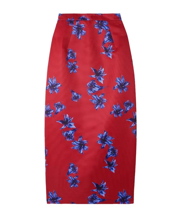 EMILIA WICKSTEAD Floral Print Faille Pencil Midi Skirt - Red