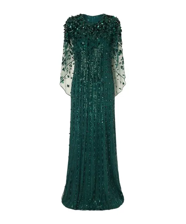 Jenny Packham Nettie Embellished Sequin Tulle Gown - Green