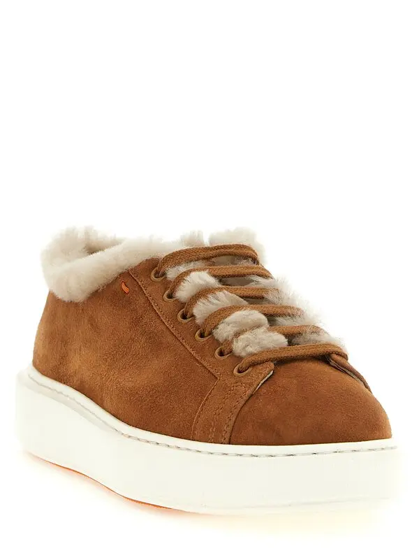 Santoni Suede Shearling Trimmed Lace-up Sneakers