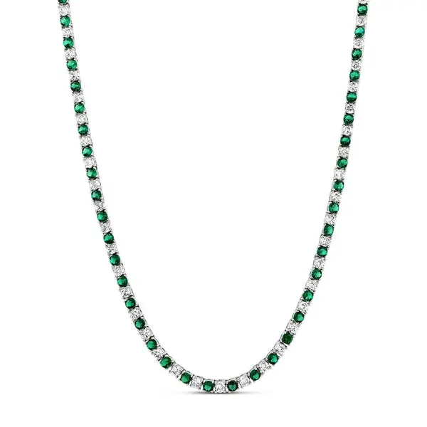 SHYMI Tennis Necklace With Alternating Emerald And Cubic Zirconia Stones In Sterling Silver - Silver/green