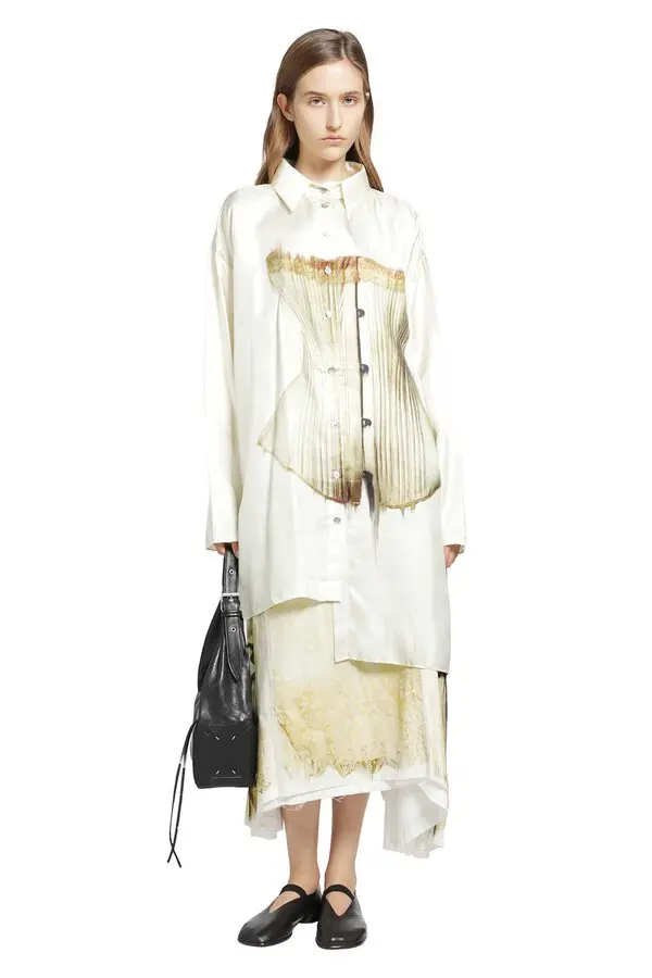 IA LONDON Asymmetric Silk Shirt With Corset Print