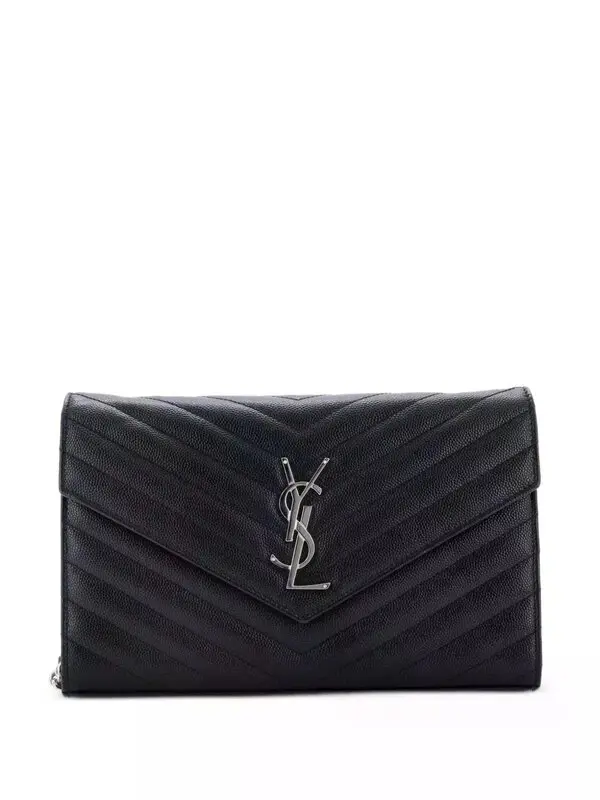 Saint Laurent Classic Monogram Wallet On Chain Matelasse Chevron Leather Medium Crossbody Bag - Black