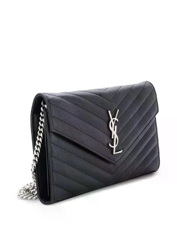 Saint Laurent Classic Monogram Wallet On Chain Matelasse Chevron Leather Medium Crossbody Bag - Black