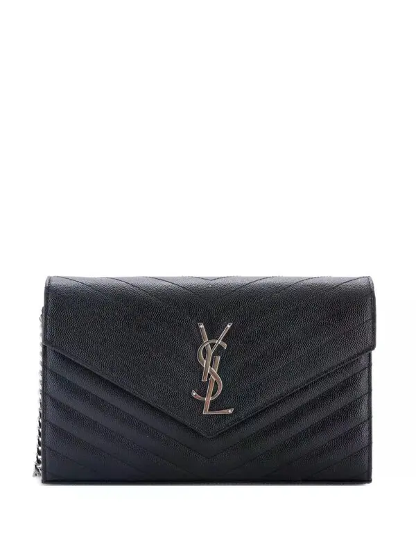 Saint Laurent Classic Monogram Wallet On Chain Matelasse Chevron Leather Medium Crossbody Bag - Black