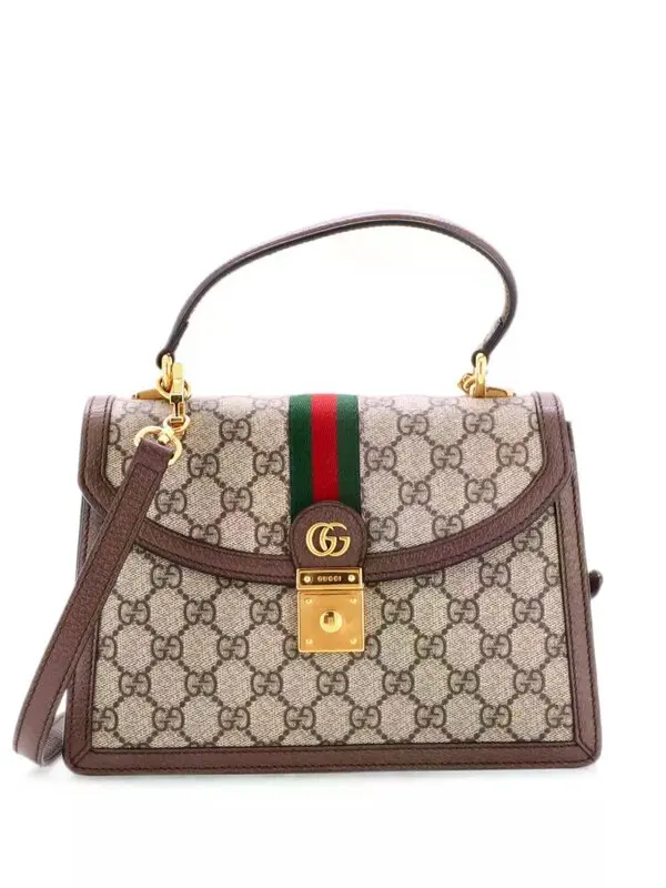 Gucci Ophidia Flap Top Handle Bag Gg Coated Canvas Small Satchel - Brown