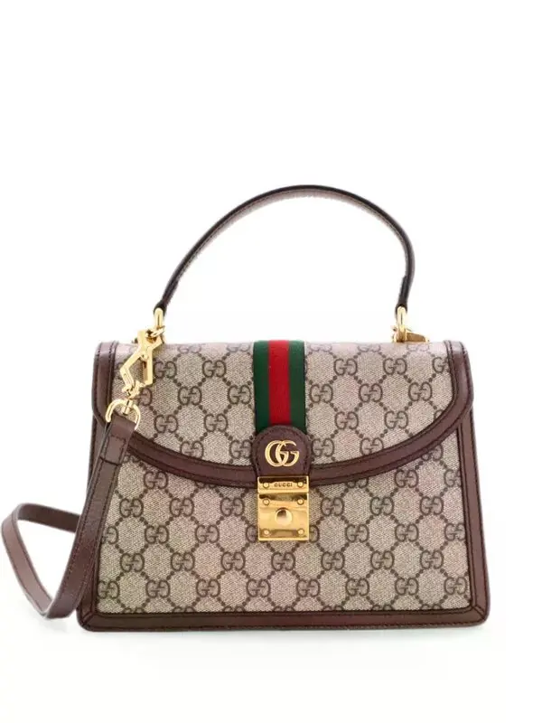 Gucci Ophidia Flap Top Handle Bag Gg Coated Canvas Small Satchel - Brown