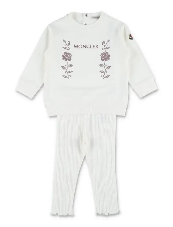 Moncler Baby Cream Set: Floral Embroidered Sweatshirt & Rib-knit Leggings - Bianco