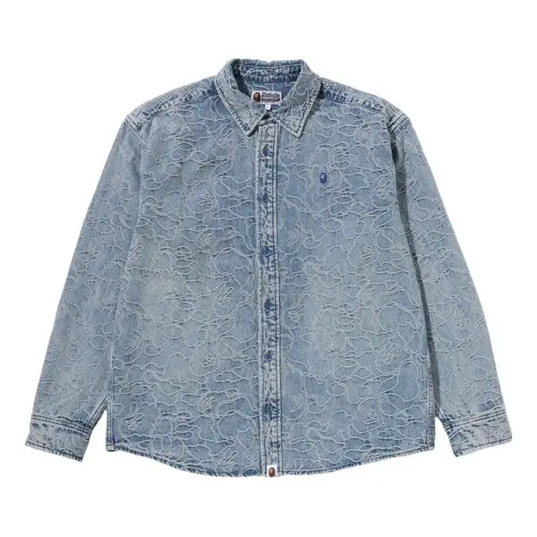 A BATHING APE One Point Line Camo Jacquard Denim Ls Shirt - Blue