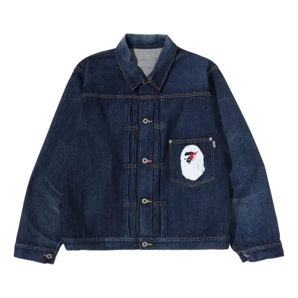 A BATHING APE Denim Jacket With Ape Head Graphic - Navy