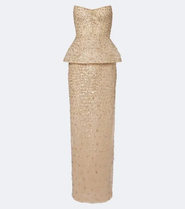 Monique Lhuillier Embellished Peplum Bustier Gown - Beige