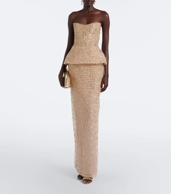 Monique Lhuillier Embellished Peplum Bustier Gown