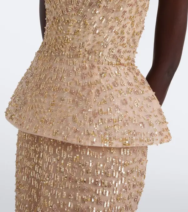 Monique Lhuillier Embellished Peplum Bustier Gown