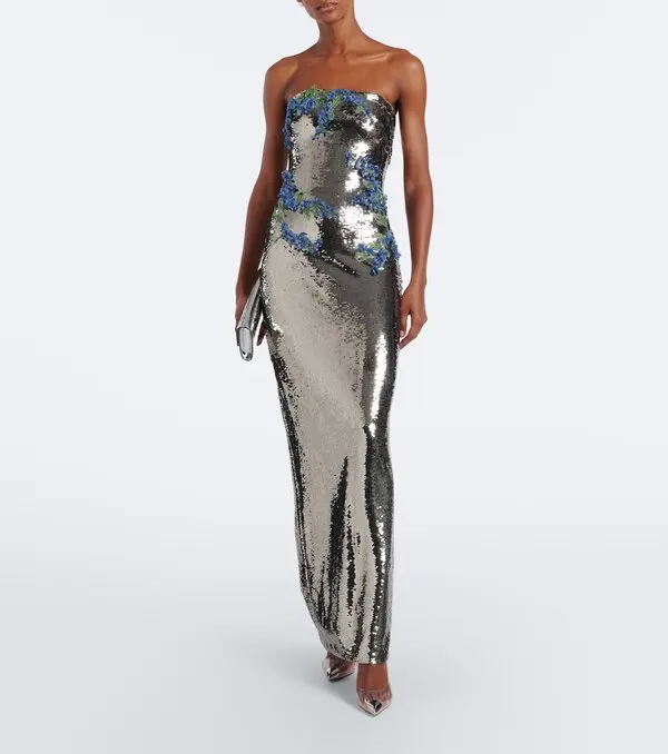 Monique Lhuillier Floral-appliqué Sequined Bustier Gown