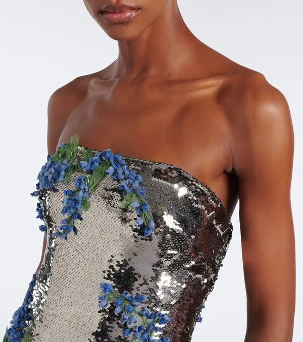 Monique Lhuillier Floral-appliqué Sequined Bustier Gown