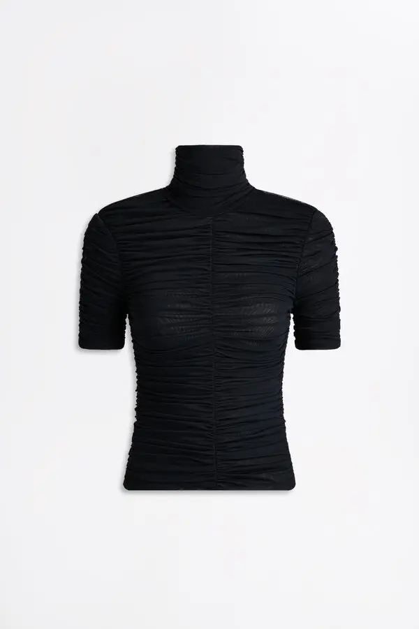 Scanlan Theodore Mesh Ruched High Neck Top - Black