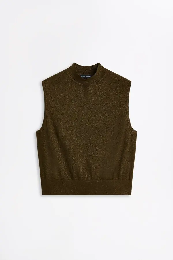 Scanlan Theodore Sleeveless Mock Neck Knit Top With Metallic Thread - Khaki