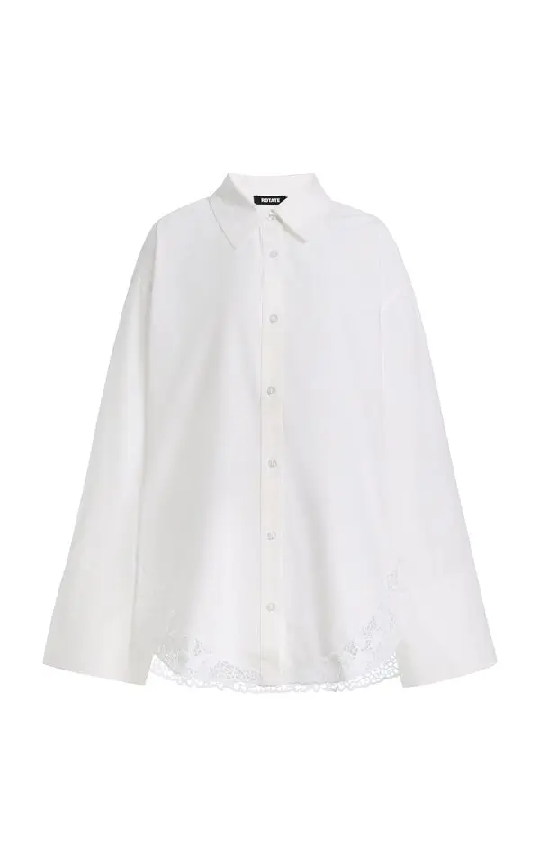 ROTATE BY BIRGER CHRISTENSEN Oversized Cotton Shirt With Crochet Hem - White