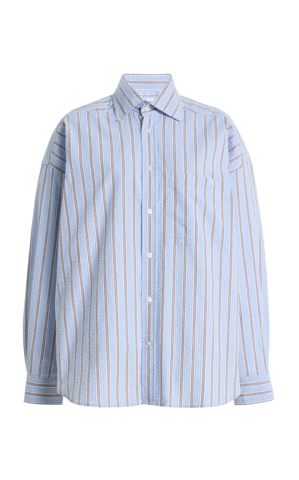 WITH NOTHING UNDERNEATH Exclusive Striped Cotton Seersucker Shirt - Blue