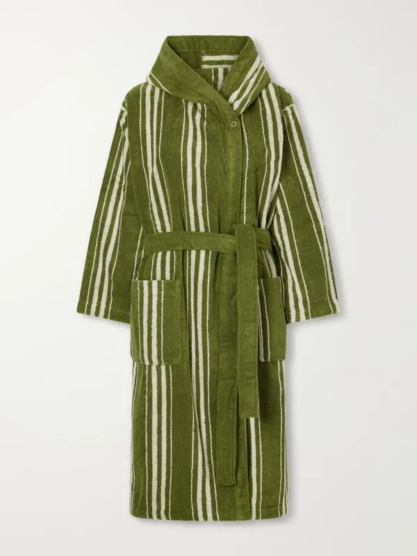 AUTUMN SONATA Charlotte Striped Cotton-terry Hooded Robe - Green