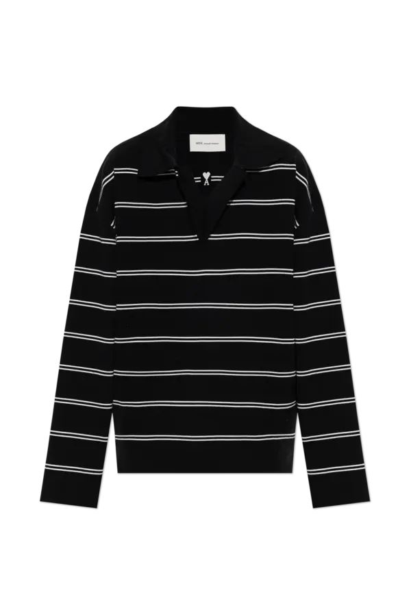 AMI Paris Striped Long Sleeve Polo - Black