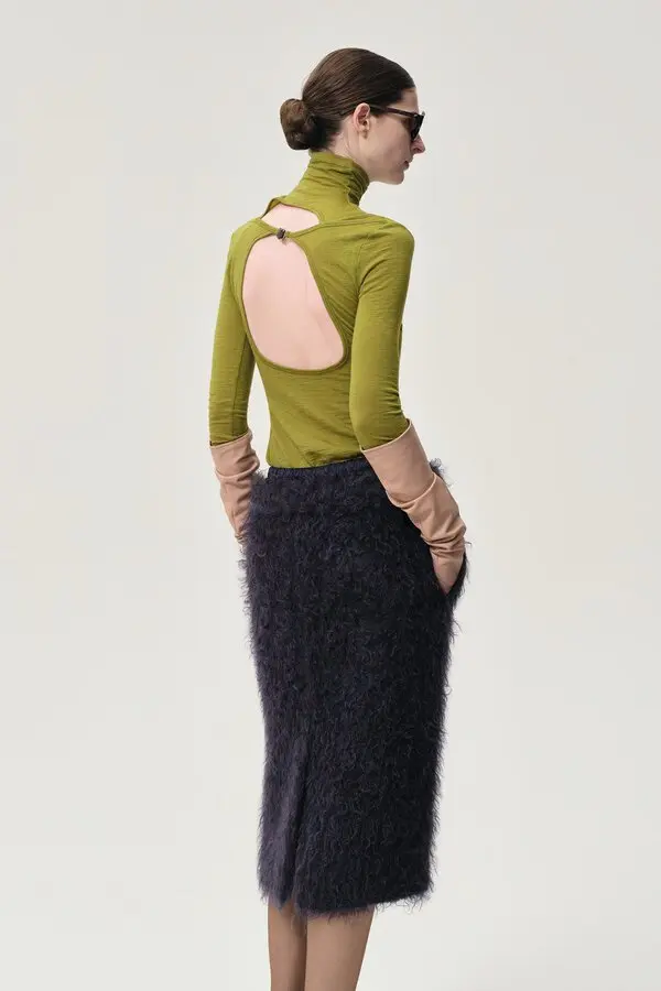FRONT ROW SHOP Open-back Wool Jersey Top Olive