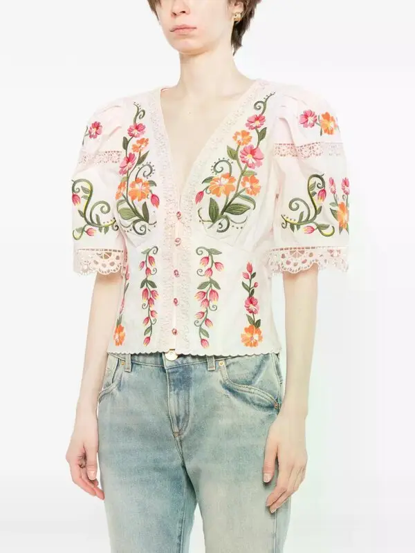 Farm Rio Flower Embroidered Puff-sleeve Blouse