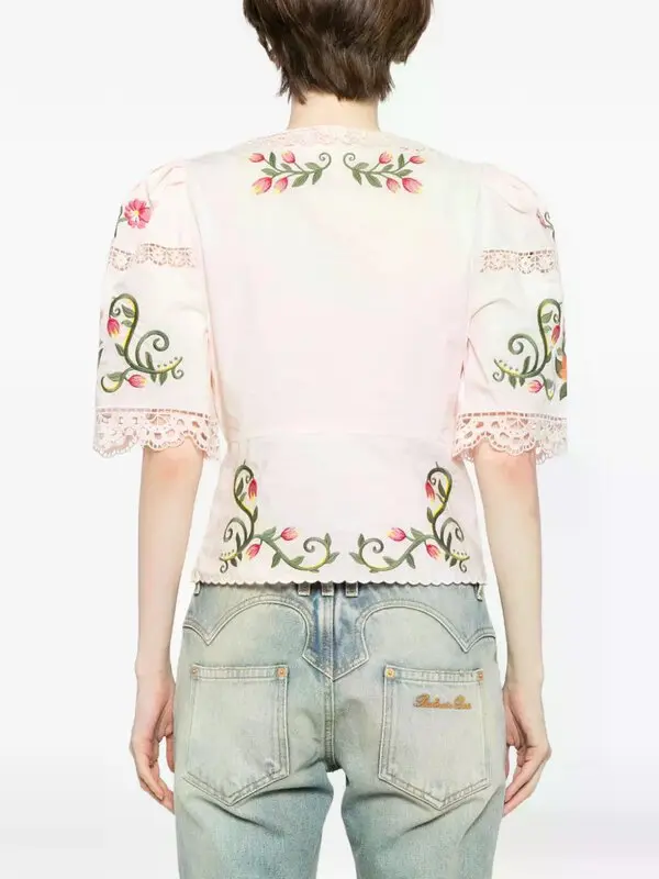 Farm Rio Flower Embroidered Puff-sleeve Blouse