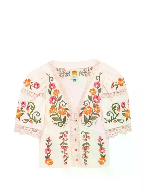 Farm Rio Embroidered Puff-sleeve Blouse - Pink