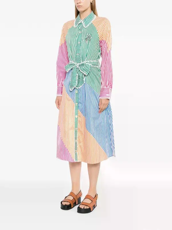 Farm Rio Midi Belted Shirt Dress With Striped Panels - White