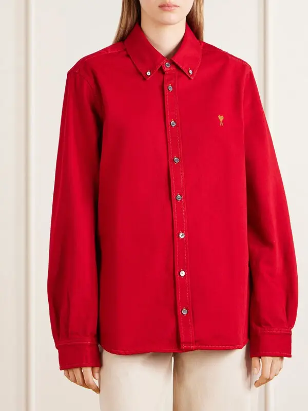 AMI Paris Logo Embroidered Cotton Twill Shirt