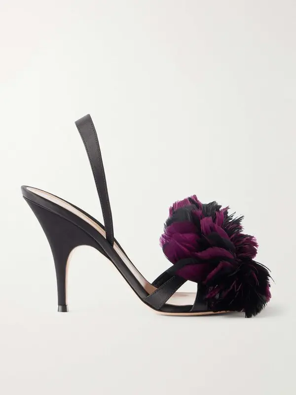 GIANVITO ROSSI 95 Feather-embellished Satin Sandals