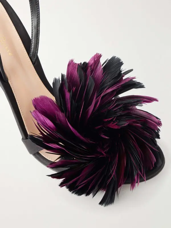 GIANVITO ROSSI 95 Feather-embellished Satin Sandals