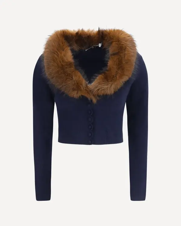 SELF-PORTRAIT Cropped Knit Cardigan With Detachable Faux Fur Collar - Blue