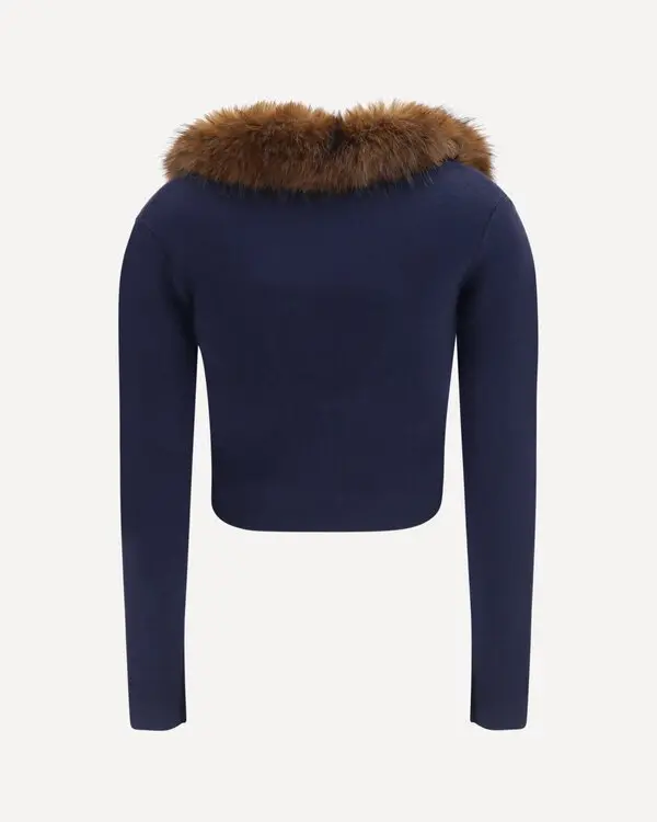 SELF-PORTRAIT Cropped Knit Cardigan With Detachable Faux Fur Collar - Blue
