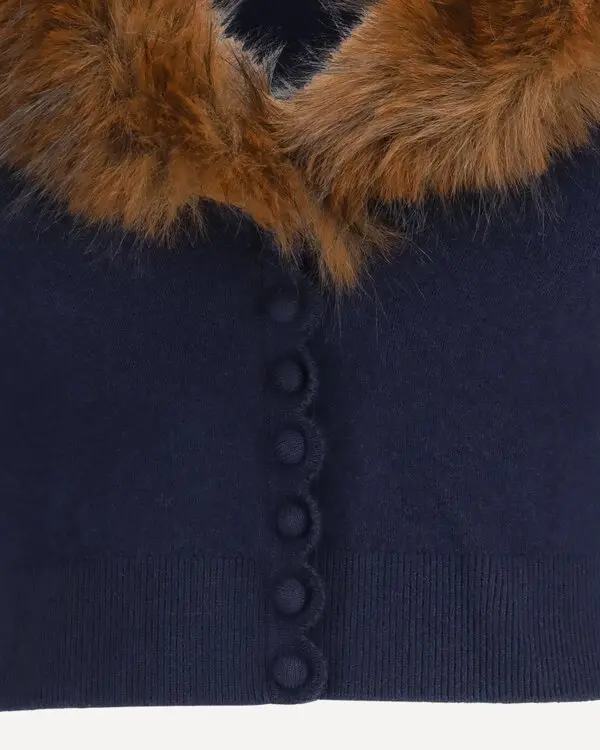 SELF-PORTRAIT Cropped Knit Cardigan With Detachable Faux Fur Collar - Blue