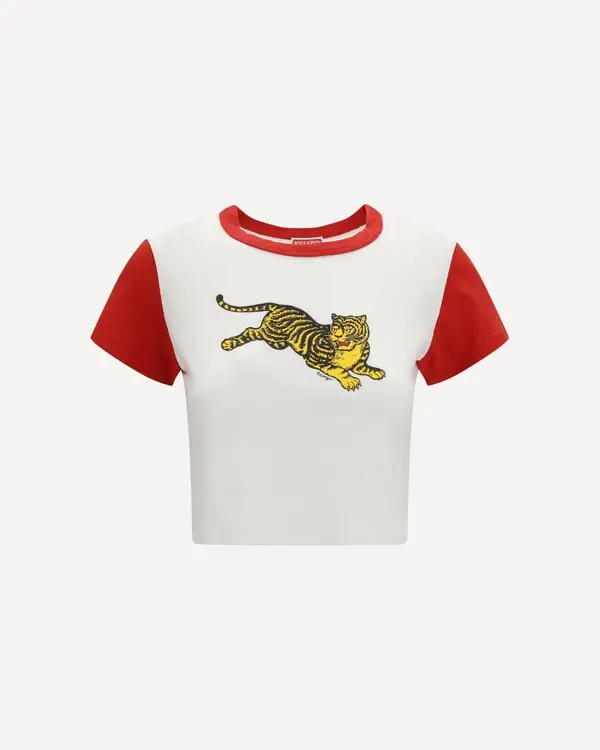 Kenzo Jumping Tiger Cropped Cotton T-shirt - White