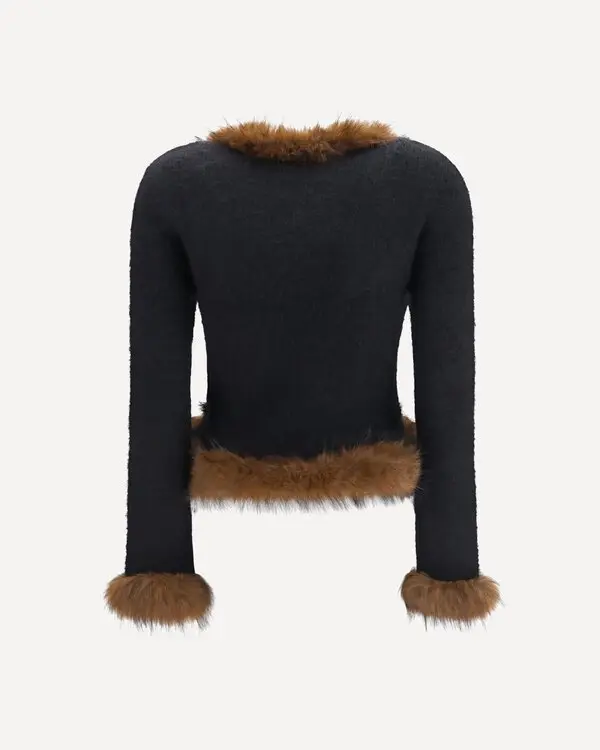 SELF-PORTRAIT Faux Fur Trimmed Knit Cardigan - Blue
