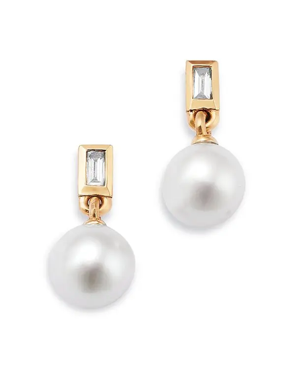 Bloomingdale'S Freshwater Pearl & Diamond Baguette Drop Earrings In 14k Yellow - Gold