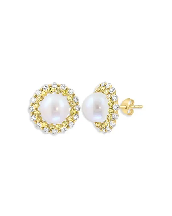 Bloomingdale'S Freshwater Pearl, Yellow Diamond & White Diamond Halo Stud Earrings In 14k Yellow - Gold