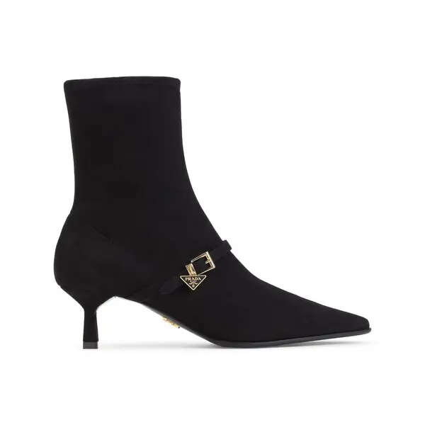 Prada Suede Pointed Toe Booties With Buckle Detail - Black