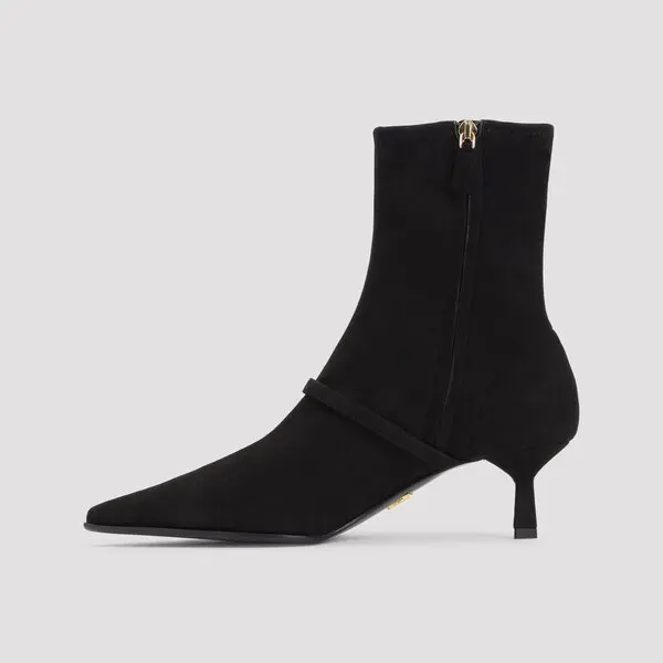 Prada Suede Pointed Toe Booties With Buckle Detail - Black