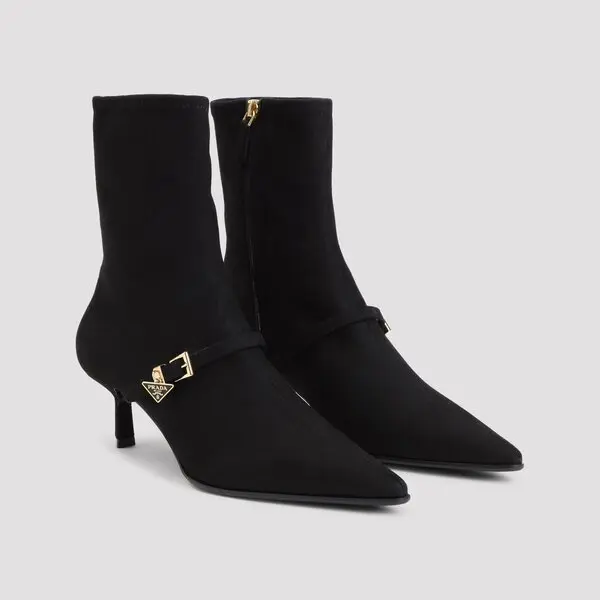Prada Suede Pointed Toe Booties With Buckle Detail - Black