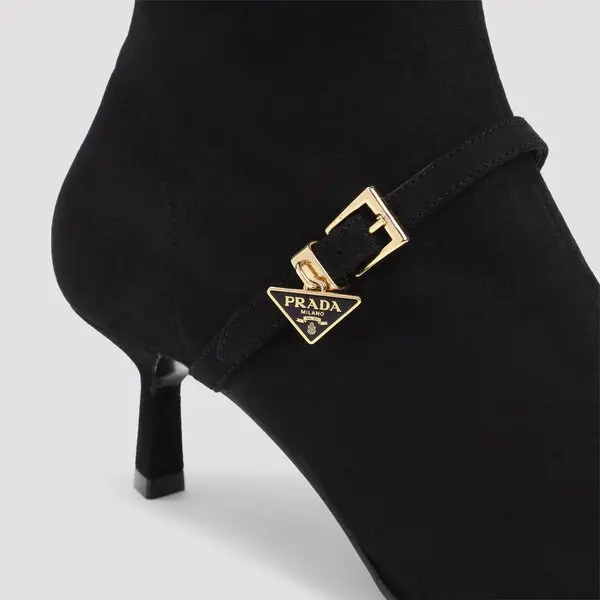 Prada Suede Pointed Toe Booties With Buckle Detail - Black