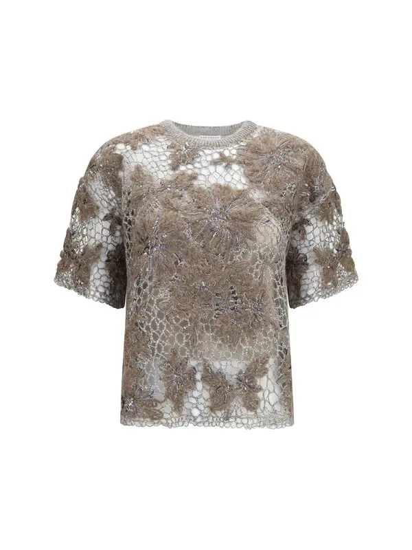 Brunello Cucinelli Crewneck Top With Floral Embroidery And Sequins - Cream
