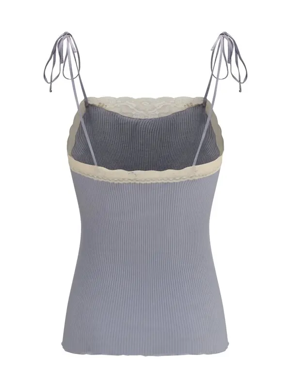 Chloé Ribbed Cotton Jersey Thin Strap Top With Lace Trim