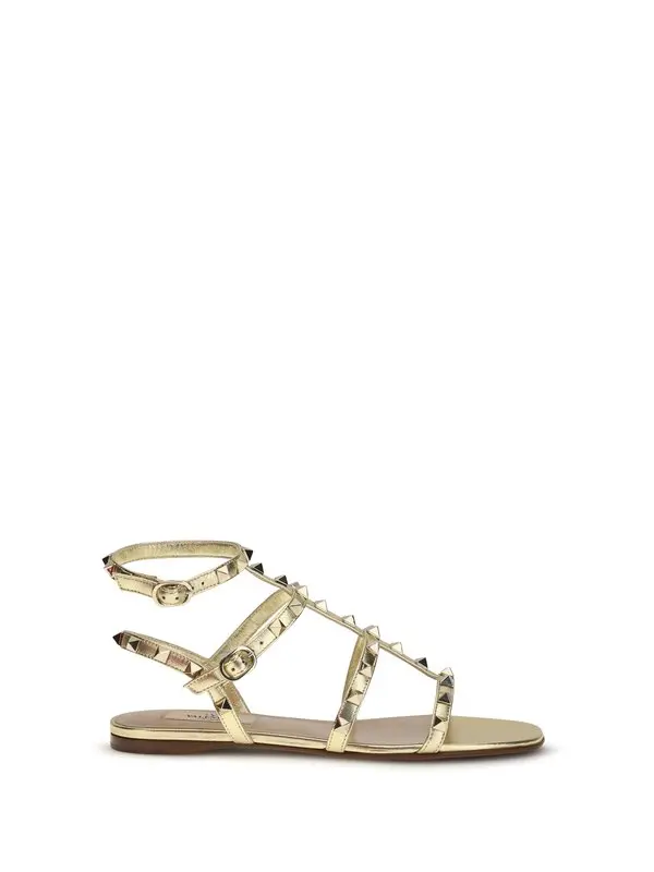 Valentino Garavani Rockstud Flat Sandals Laminated Leather - Gold